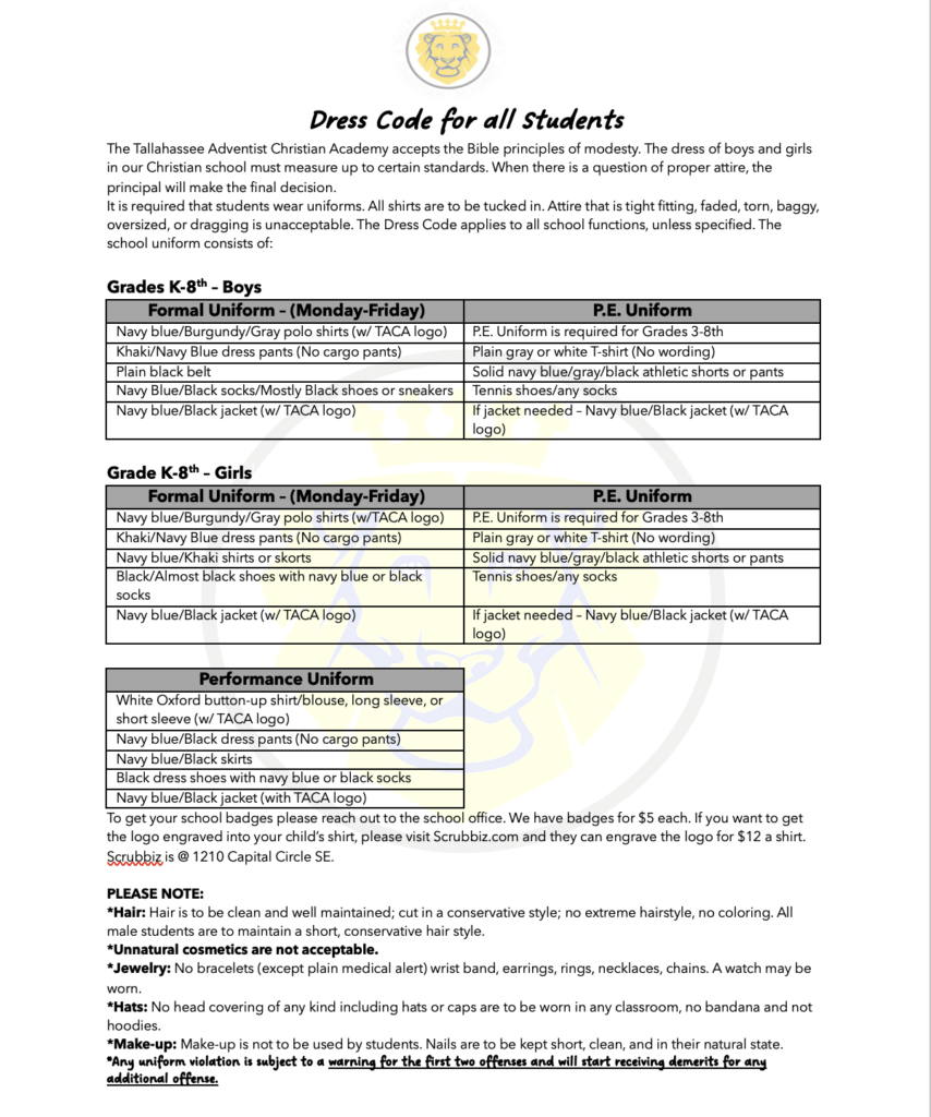 Dress Code for TACA Students - Tallahassee Adventist Christian Academy